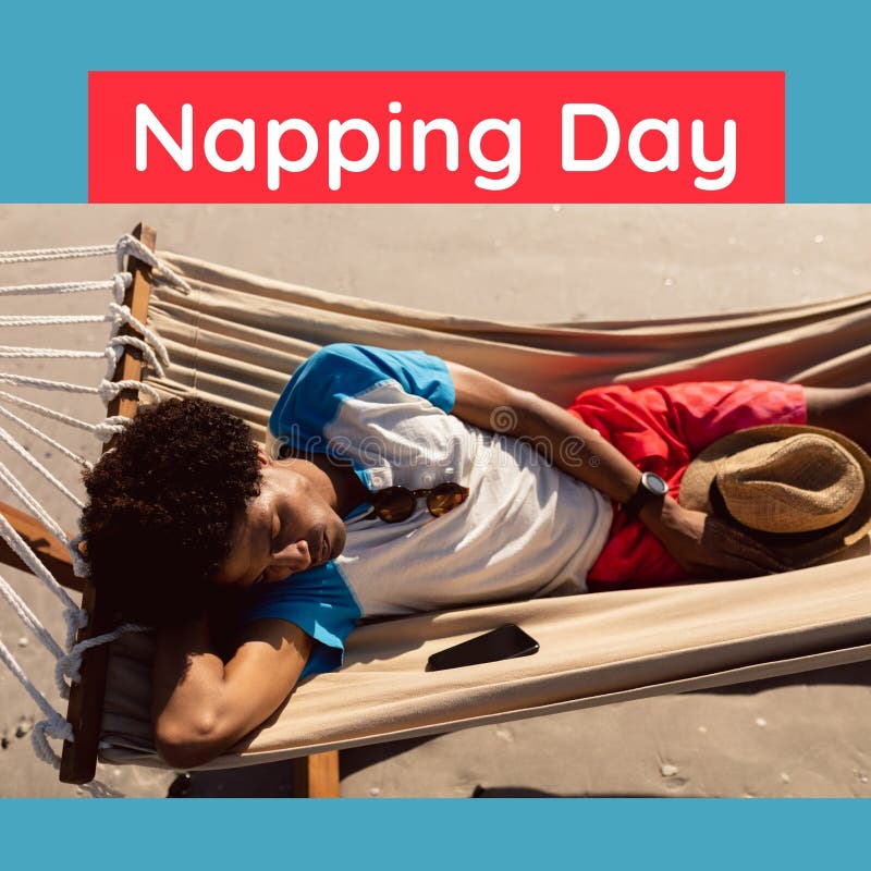 Composition of Napping Day Text Over Biracial Man Sleeping in Hammock ...
