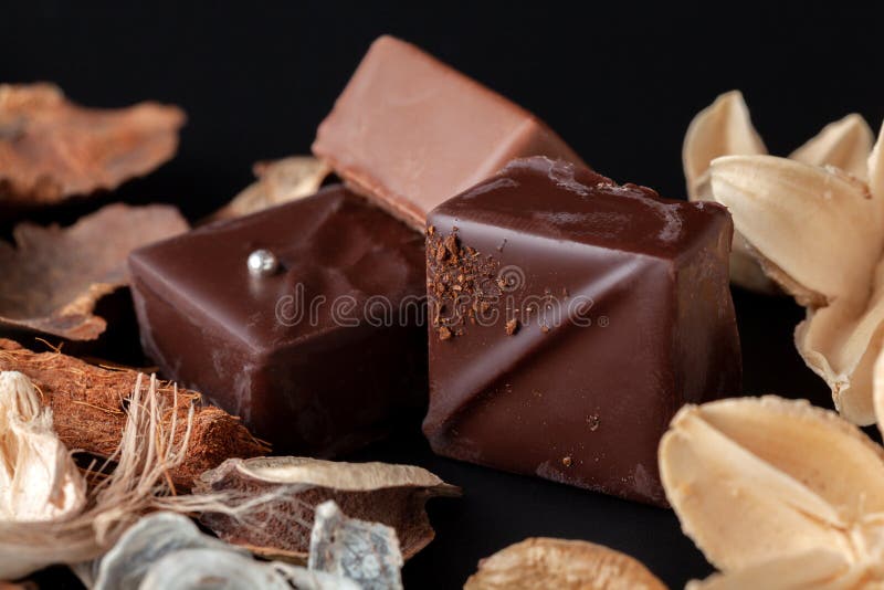 Composition of Natural Chocolate on a Dark Background Stock Image ...