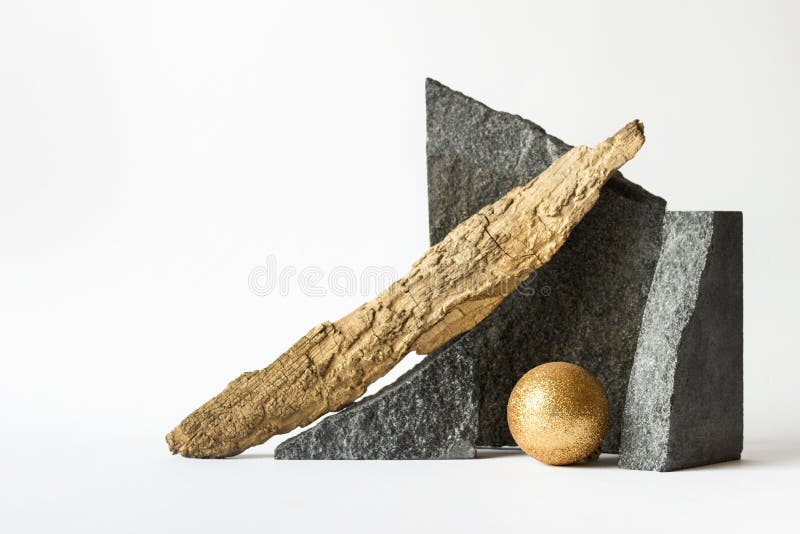 Composition with Nature Elements - Stones, Golden Sphere and Wooden Log ...