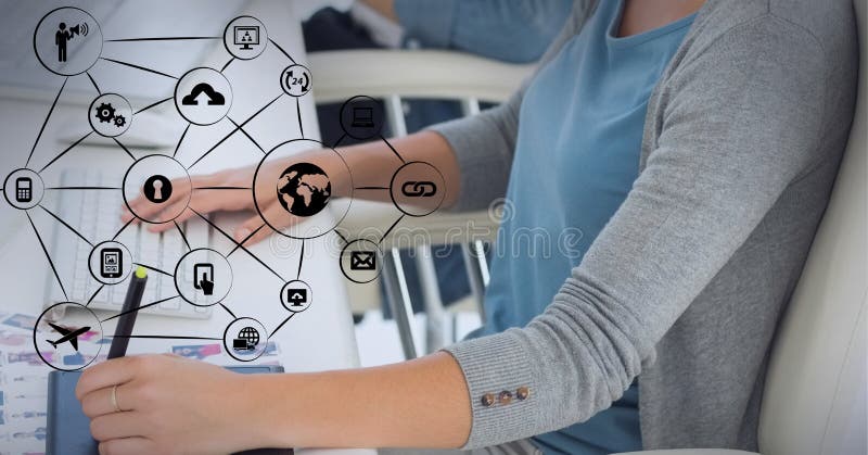 Composition of Network of Connections with Digital Icons Over Woman ... Composition of Network of Connections with Digital Icons Over Woman ...
