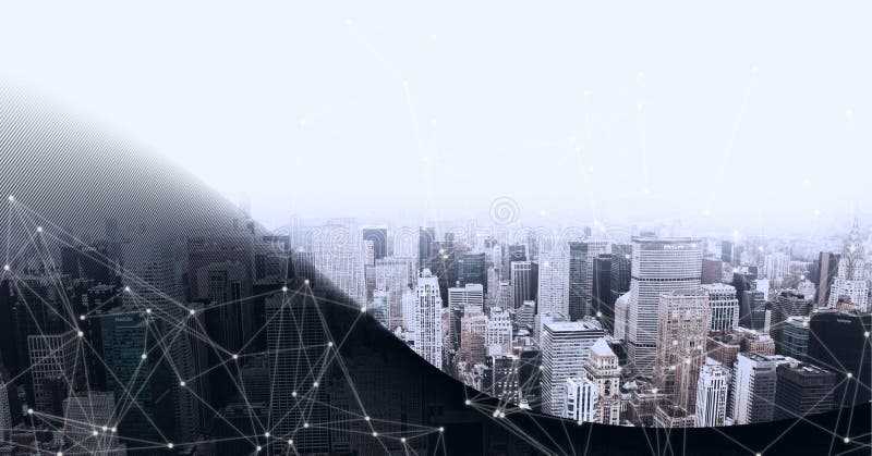 Composition of Network of Connections Over Cityscape with Grey Curved ...