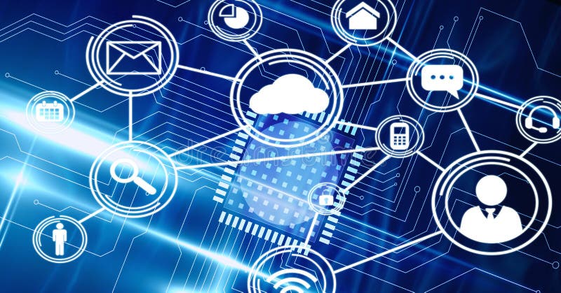 Composition of Network of Digital Icons Over Processor Circuit Board ... Composition of Network of Digital Icons Over Processor Circuit Board ...