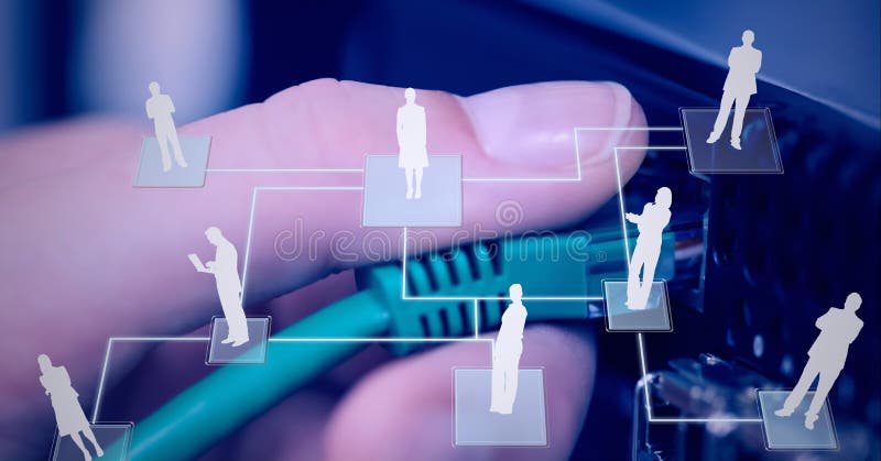 Composition of Network of People Icons Over Close Up of Person Plugging ...