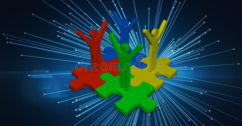 Composition of Network of People Icons Over Jigsaw Puzzle and Light ...