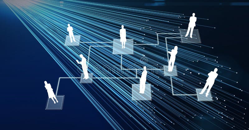 Composition of Network of People Silhouettes and Light Trails Over Blue ...