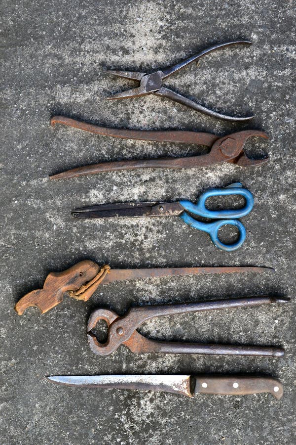 Composition of Old Rusty Tools on Concrete Stock Image - Image of knife ...