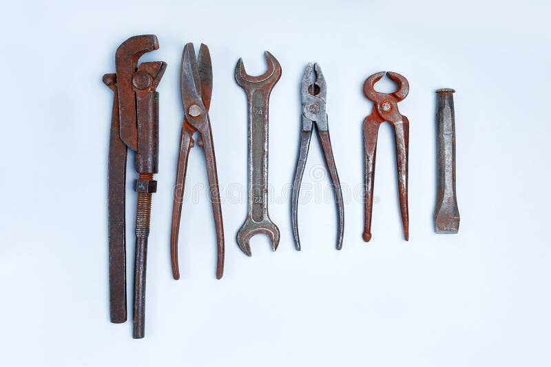 Composition of Old Tools on Grey Background. Stock Image - Image of ...
