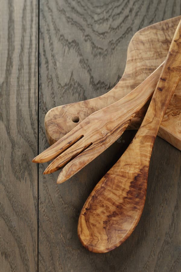 Composition with Olive Kitchen Utensils on Top of Oak Table Stock Image ...