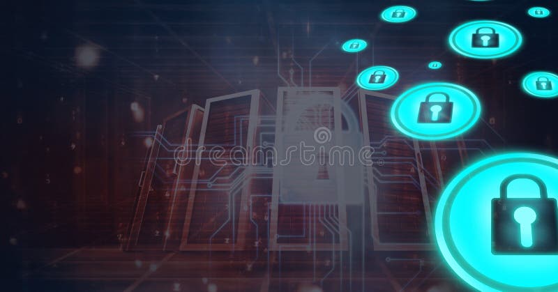 Composition of Online Security Padlock Icons Over Computer Servers ...