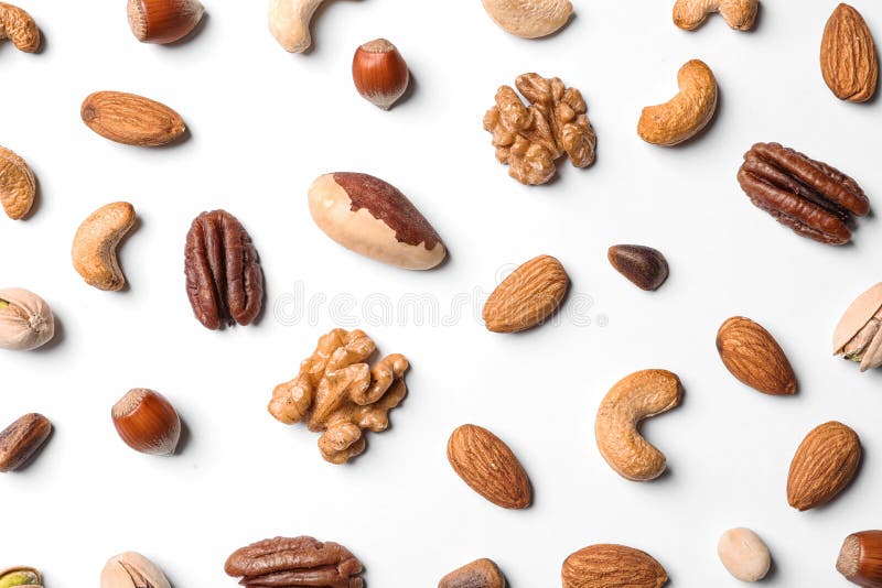 Composition with Organic Mixed Nuts on White Background Stock Photo ...
