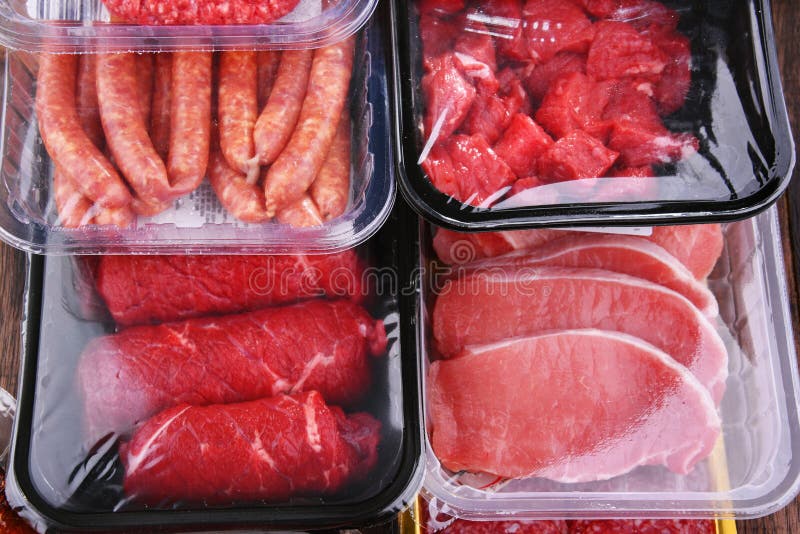 Composition with Packages of Assorted Meat Products Stock Photo - Image ...