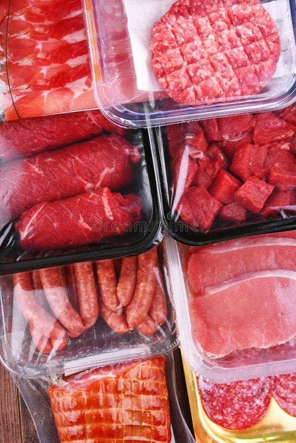Composition with Packages of Assorted Meat Products Stock Image - Image ...
