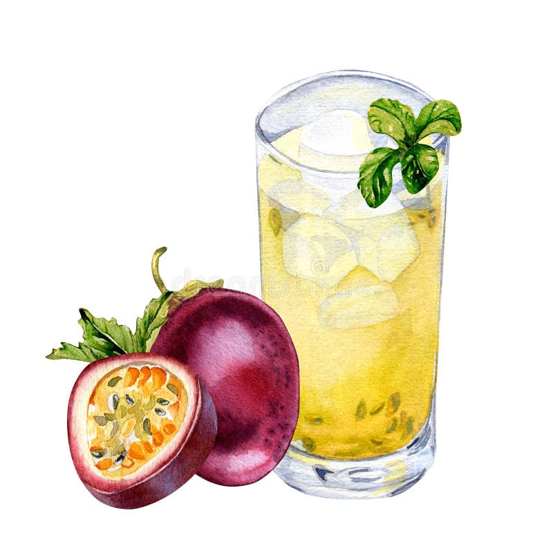 Composition Of Passion Fruit Smoothies Watercolor Illustration Isolated