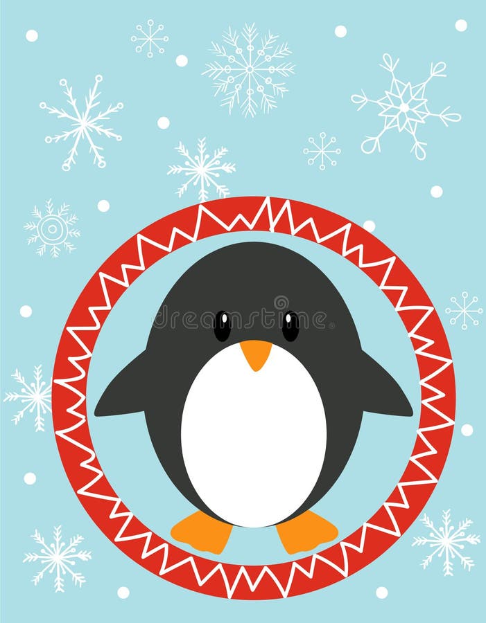 Composition of a Penguin Inside of a Red Circle while Snowflakes ...