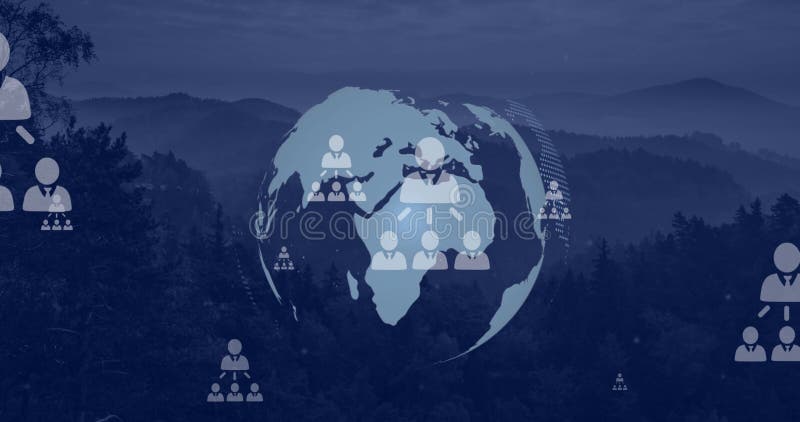 Composition of People Icons Over Globe and Landscape Stock Illustration ...