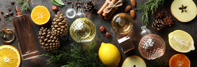 Composition with Perfume Bottles and Different Ingredients Stock Photo ...