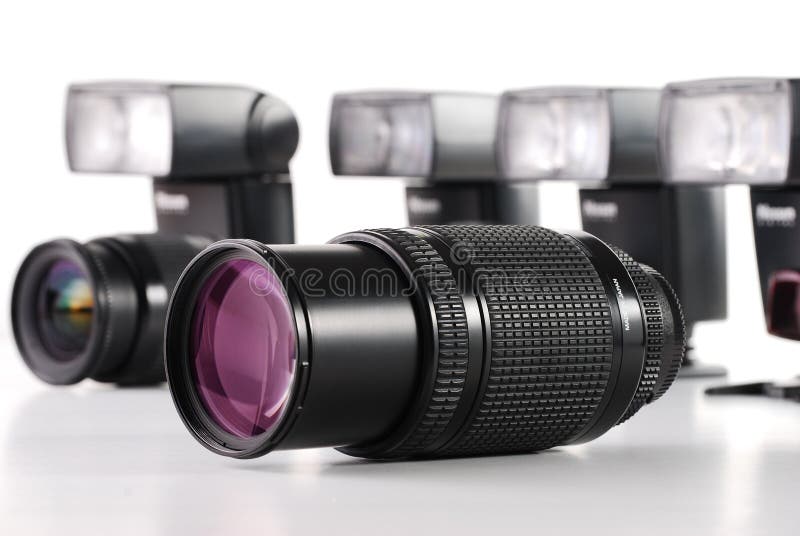 Composition with Photo Zoom Lenses on White Stock Photo - Image of ...