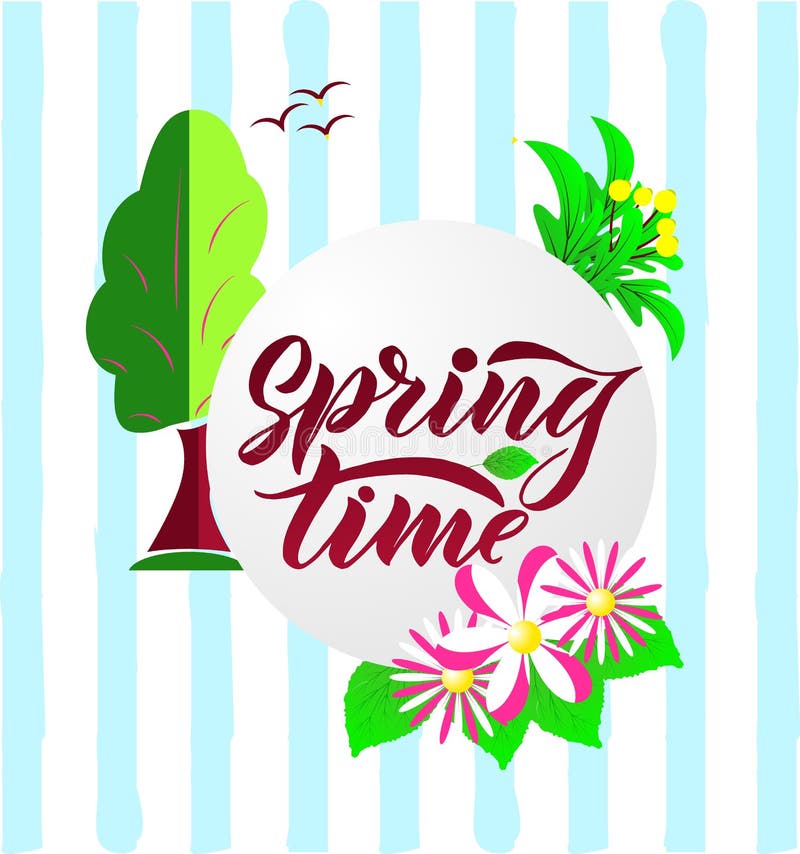 Composition with Phrase Spring Time with Green Leaves. Vector Season ...