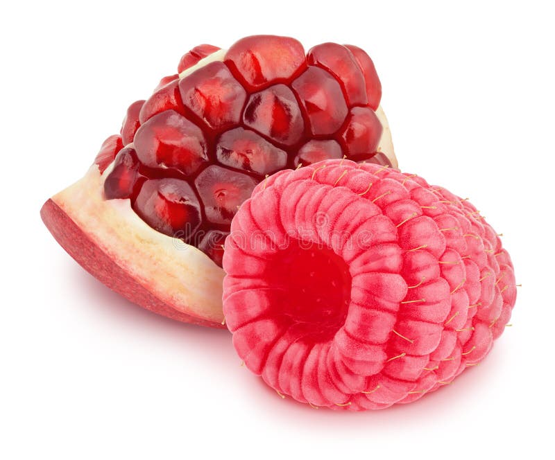Composition with Piece of Pomegranate and Whole Raspberry Isolated on a ...