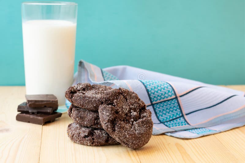 Composition with Pile of Choco Biscuits, Chocolate Pieces and Glass of ...