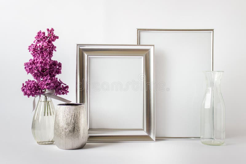 Composition with Pink Lilac Flowers and Two Silver Metallic Frames and ...