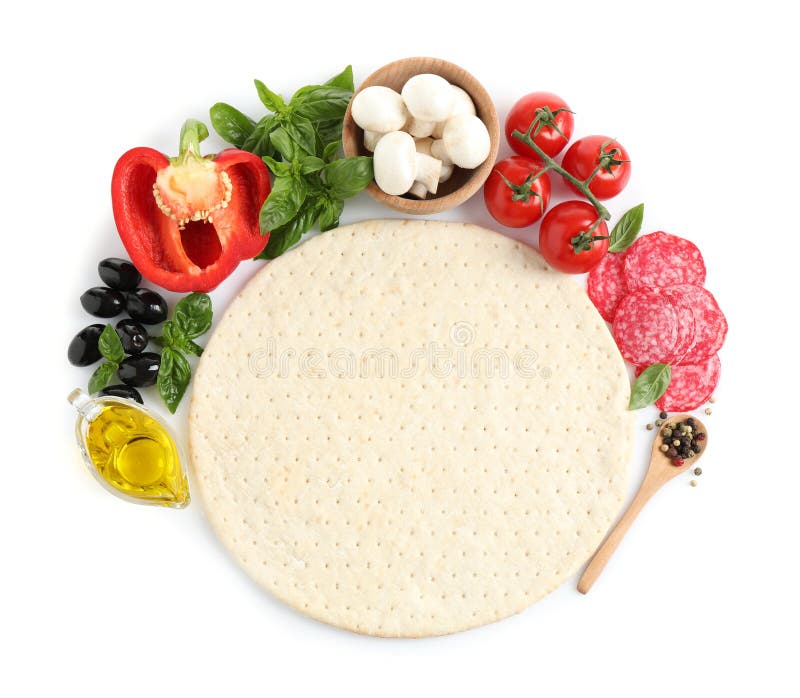 Composition with Pizza Crust and Fresh Ingredients on White Background ...
