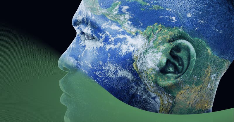 Composition of Planet Earth on Man S Face Over Green Background Stock ...