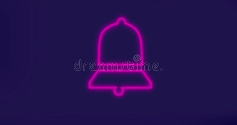 Composition of Purple Neon Bell Icon on Blue Background Stock ...