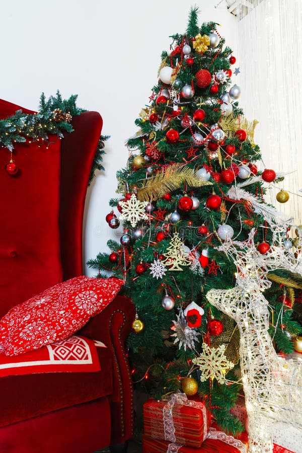 Composition with Red Chair and Christmas Tree Stock Photo - Image of ...