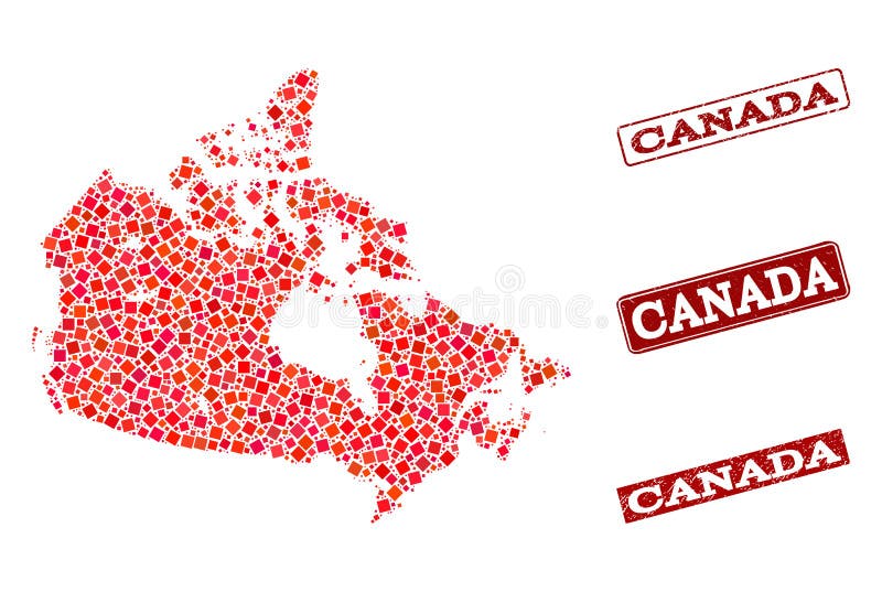 Composition of Red Mosaic Map of Canada and Grunge Rectangle Stamps ...
