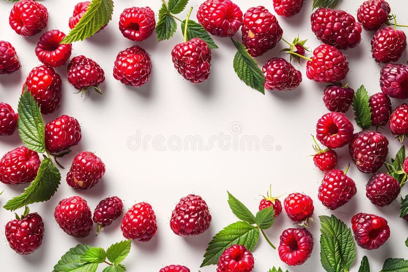 Composition Red Ripe Raspberries with Leaves Frame on White Background ...