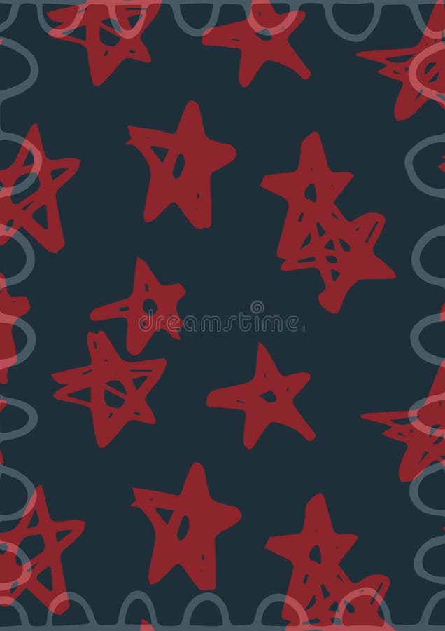 Composition of Red Stars and Grey Squiggles on Black Background Stock ...