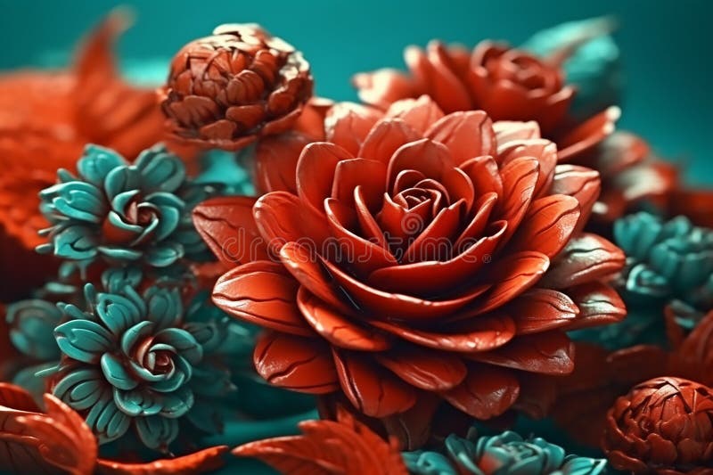 Composition of Red Turquoise Artificial Flowers on a Turquoise ...