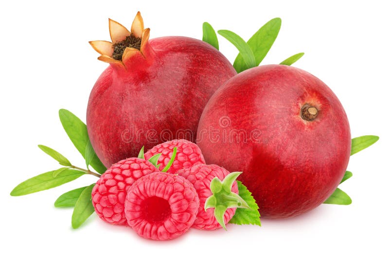 Composition with Ripe Pomegranates and Raspberry with Leaves Isolated ...