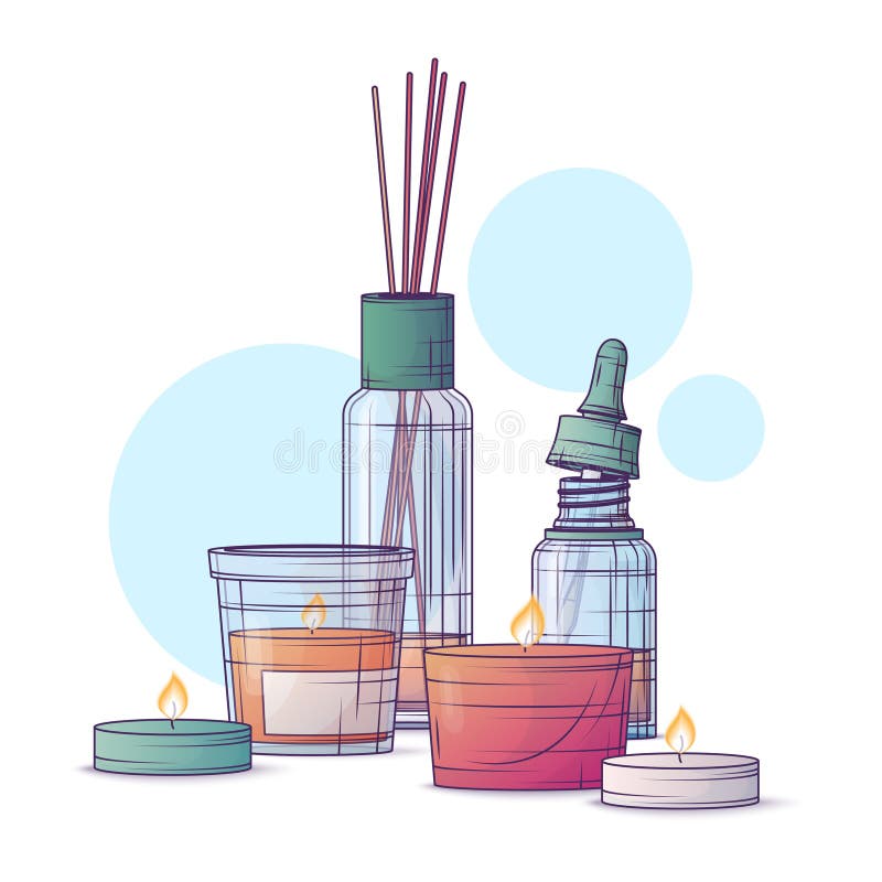 Composition with Scented Candles, Bottle of Essential Oil, Diffuser ...
