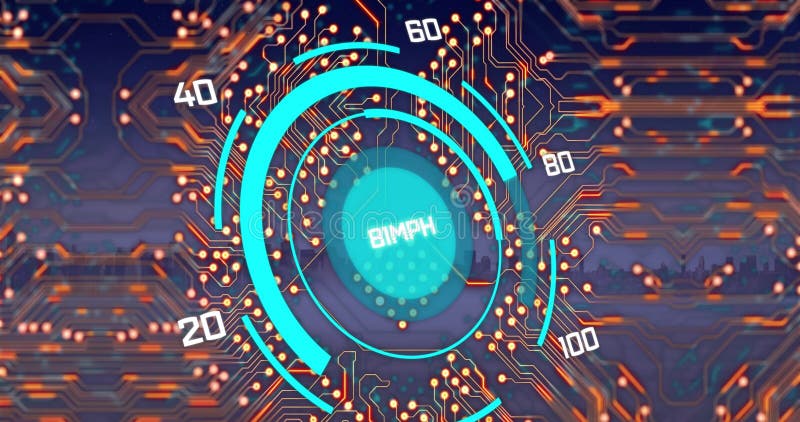 Composition of Scope Scanning and Computer Circuit Board Over Cityscape ...