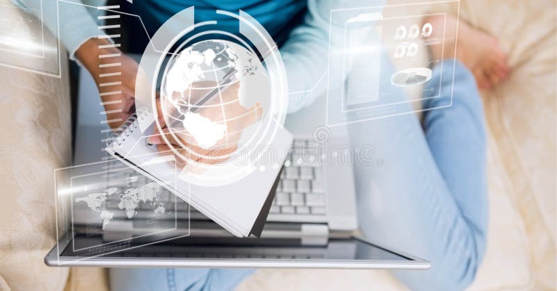 Composition of Screen with Digital Data Processing Over Woman Writing ...