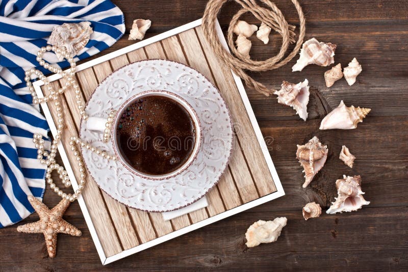 Composition with Sea Shells and Coffee Cup Stock Photo - Image of ...