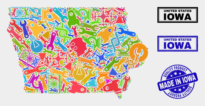 Composition of Service Iowa State Map and Quality Product Stamp Seal ...