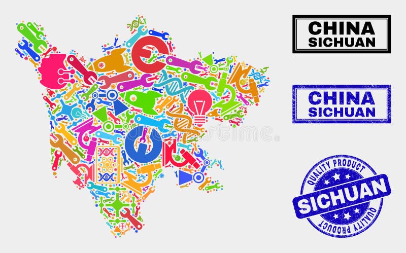 Composition of Service Sichuan Province Map and Quality Product Seal ...