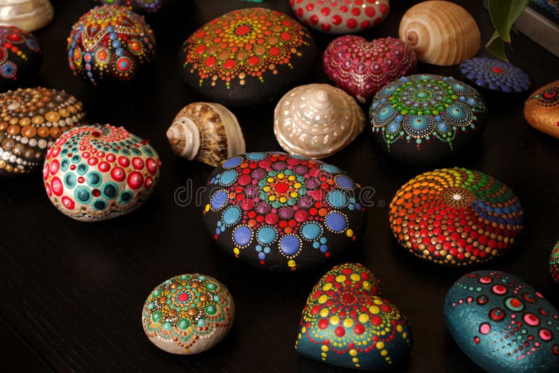 Composition of Shells and Painted Rock Mandala Stock Image - Image of ...