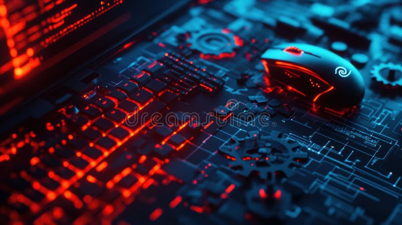 The Composition Showcases a Keyboard and Mouse with Glowing Details and ...