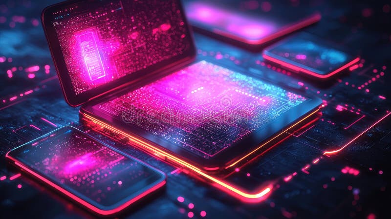 Futuristic Digital Devices Stacked with Neon Glowing Circuits HighTech ...