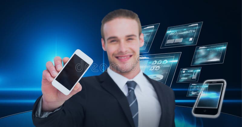 Composition of Smiling Businessman Showing Smartphone Over Digital ...