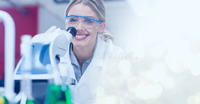 Composition of Smiling Female Lab Technicians Using Microscope, with ...