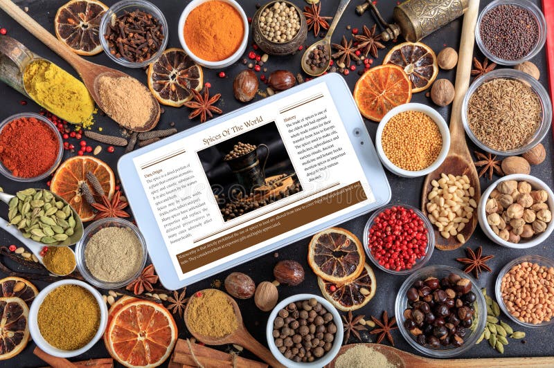 Composition of Spices and a Tablet Stock Photo - Image of cayenne ...