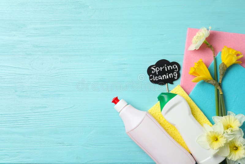 Composition with Spring Cleaning Sign, Flowers and Detergents on Light ...