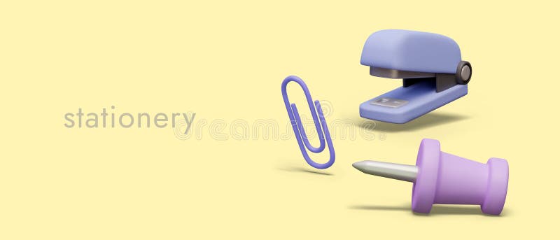 Composition with Stapler, Purple Pin, and Clip. Realistic Stationery ...