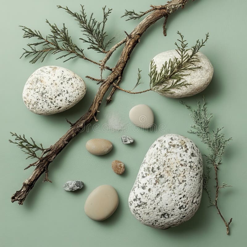 Composition of Stones and Juniper Branches on a Green Background. Stock ...