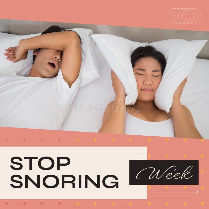 Composition of Stop Snoring Week Text and Couple in Bed with Man ...